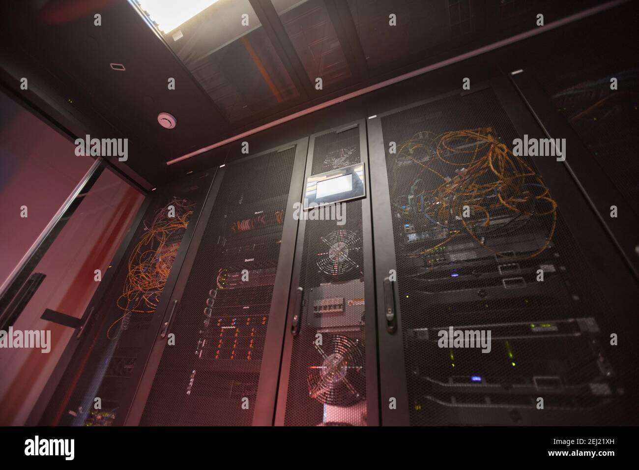 Low angle background image of rack server room in data center, copy ...