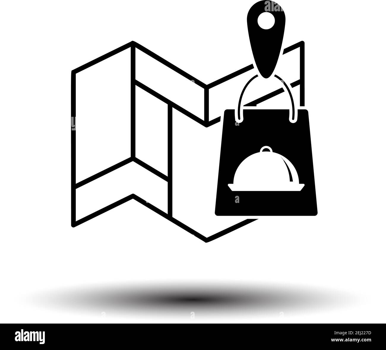 Map With Delivery Food Bag Icon. Black on White Background With Shadow ...