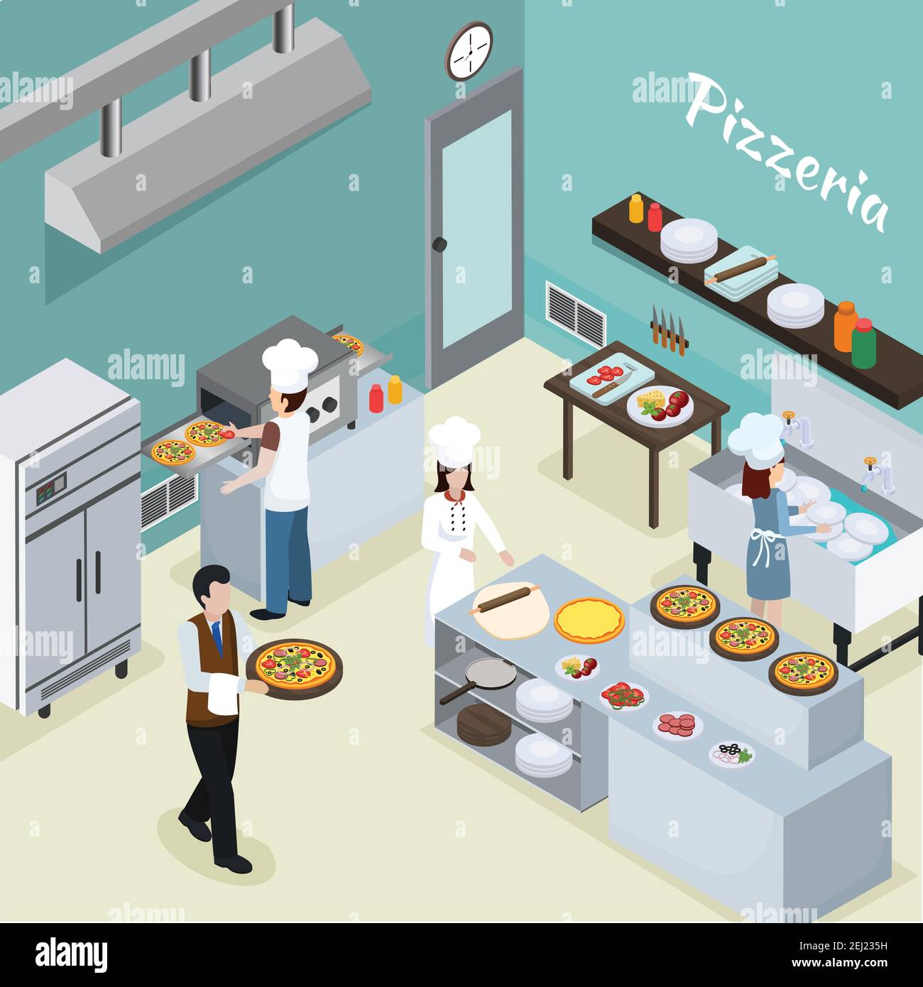 Pizzeria commercial kitchen facility interior background with mini ...