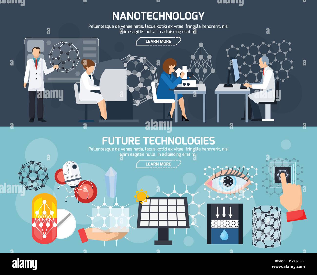 Horizontal banners with scientists and equipment, nanotechnology and ...