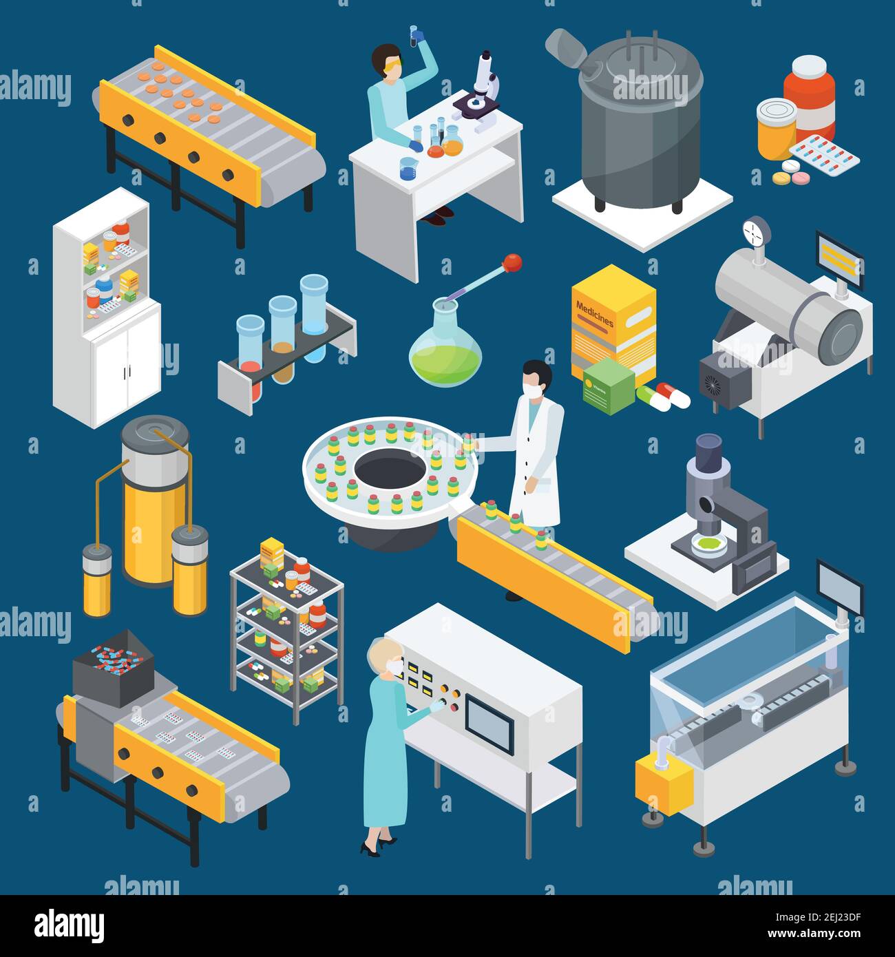 Modern pharmaceutical industry drug production isometric icons ...