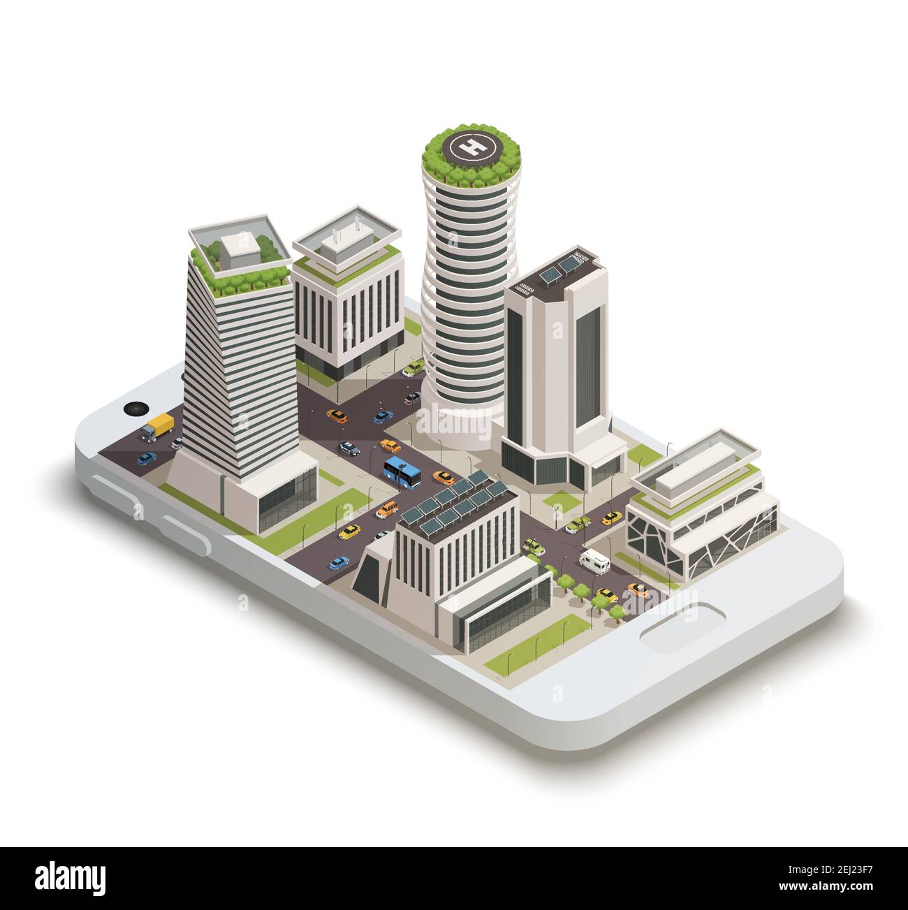 Smart city center tower buildings with sustainable green energy roof ...