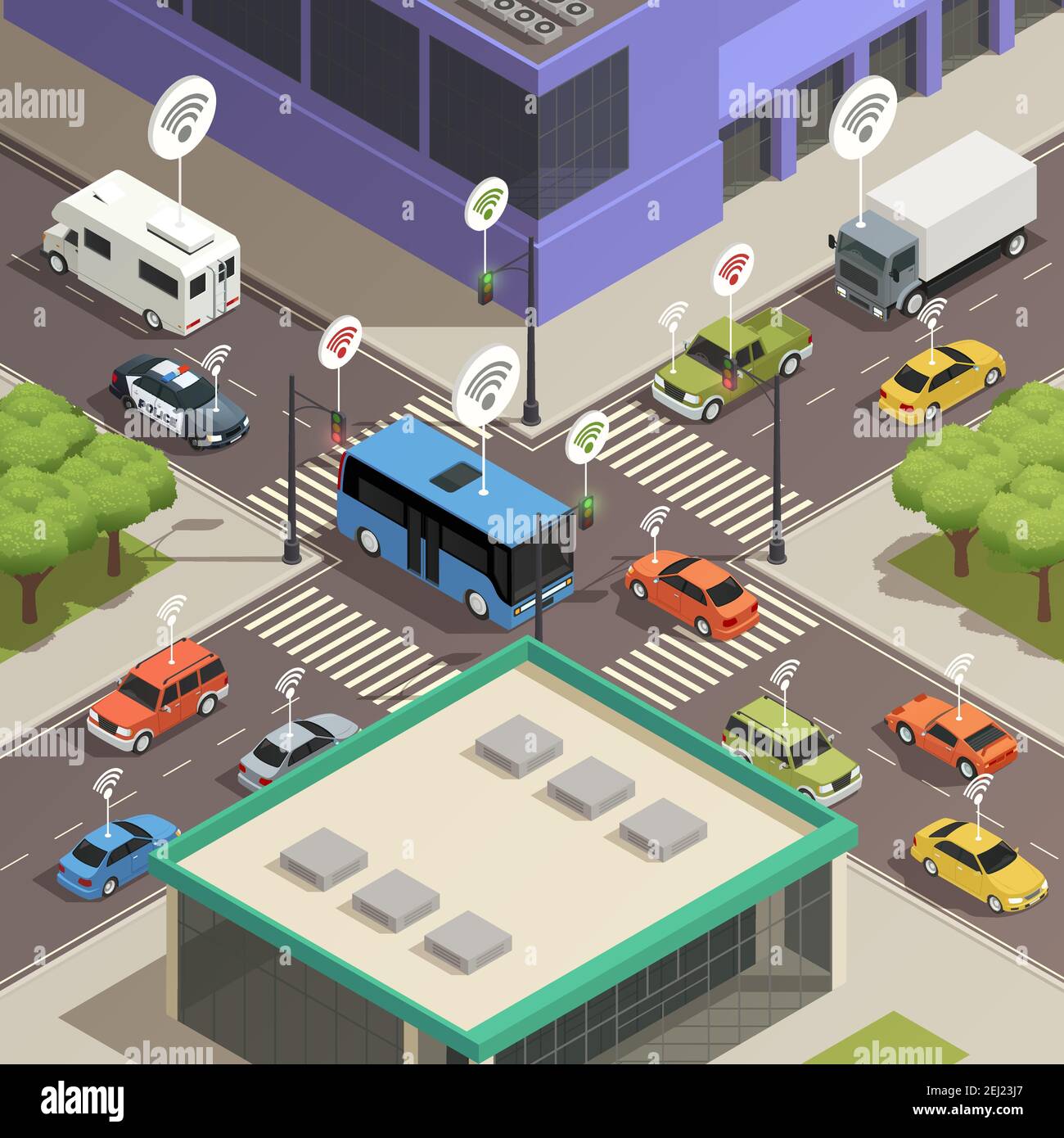 Smart city traffic lights assistance technology connecting cars in busy ...