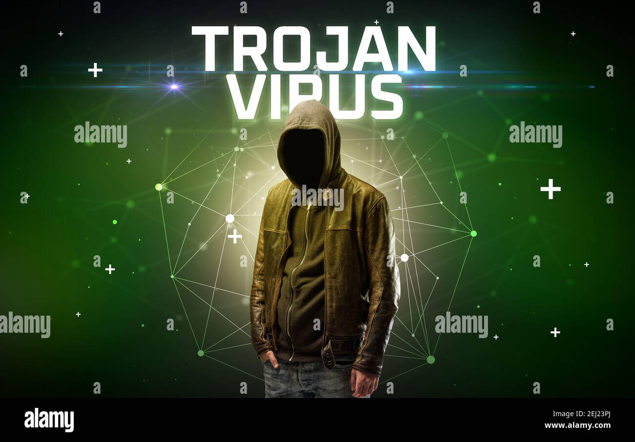 Mysterious hacker with TROJAN VIRUS inscription, online attack concept ...