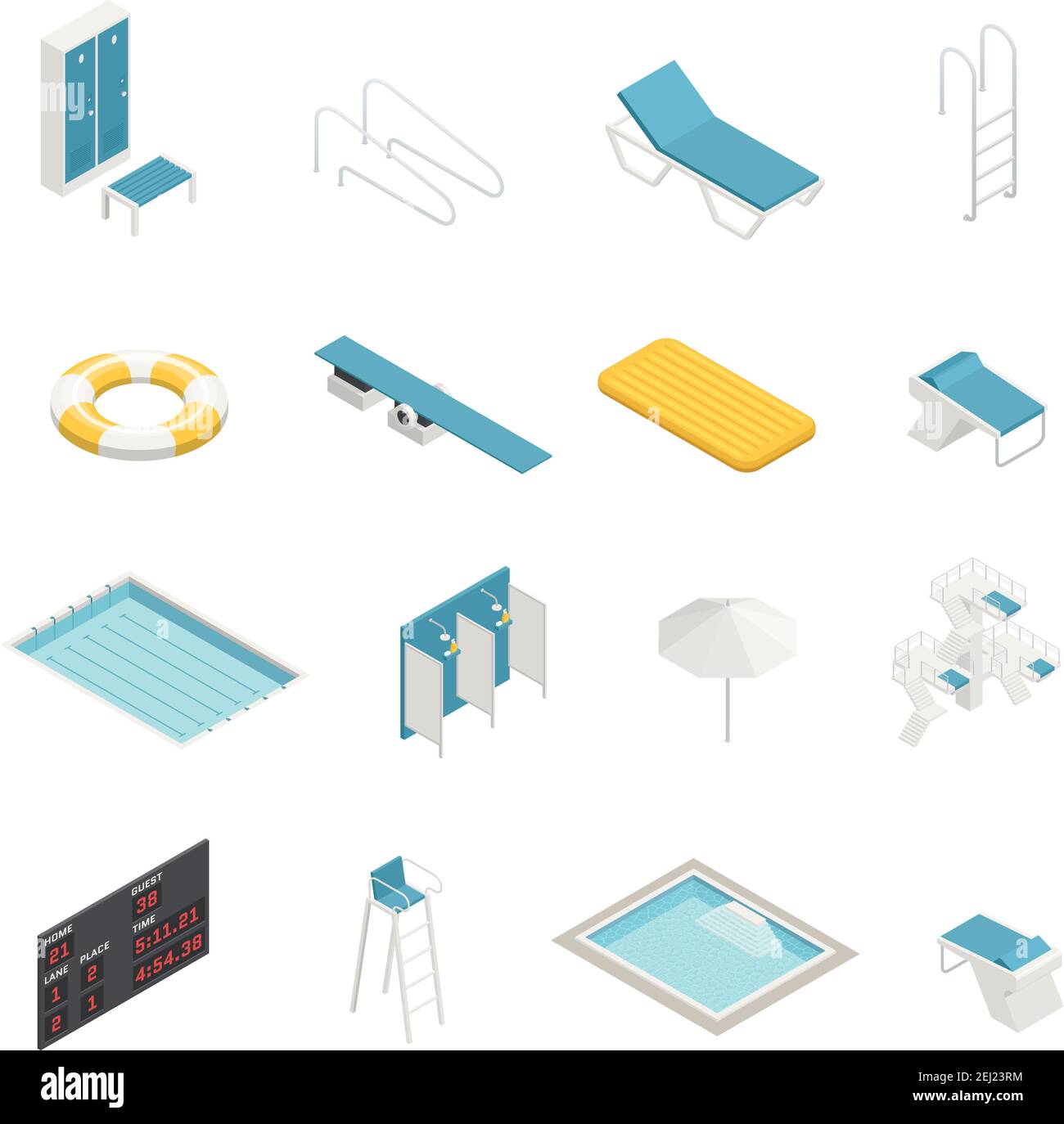 Swimming pool elements isometric icons set with change room locker ...