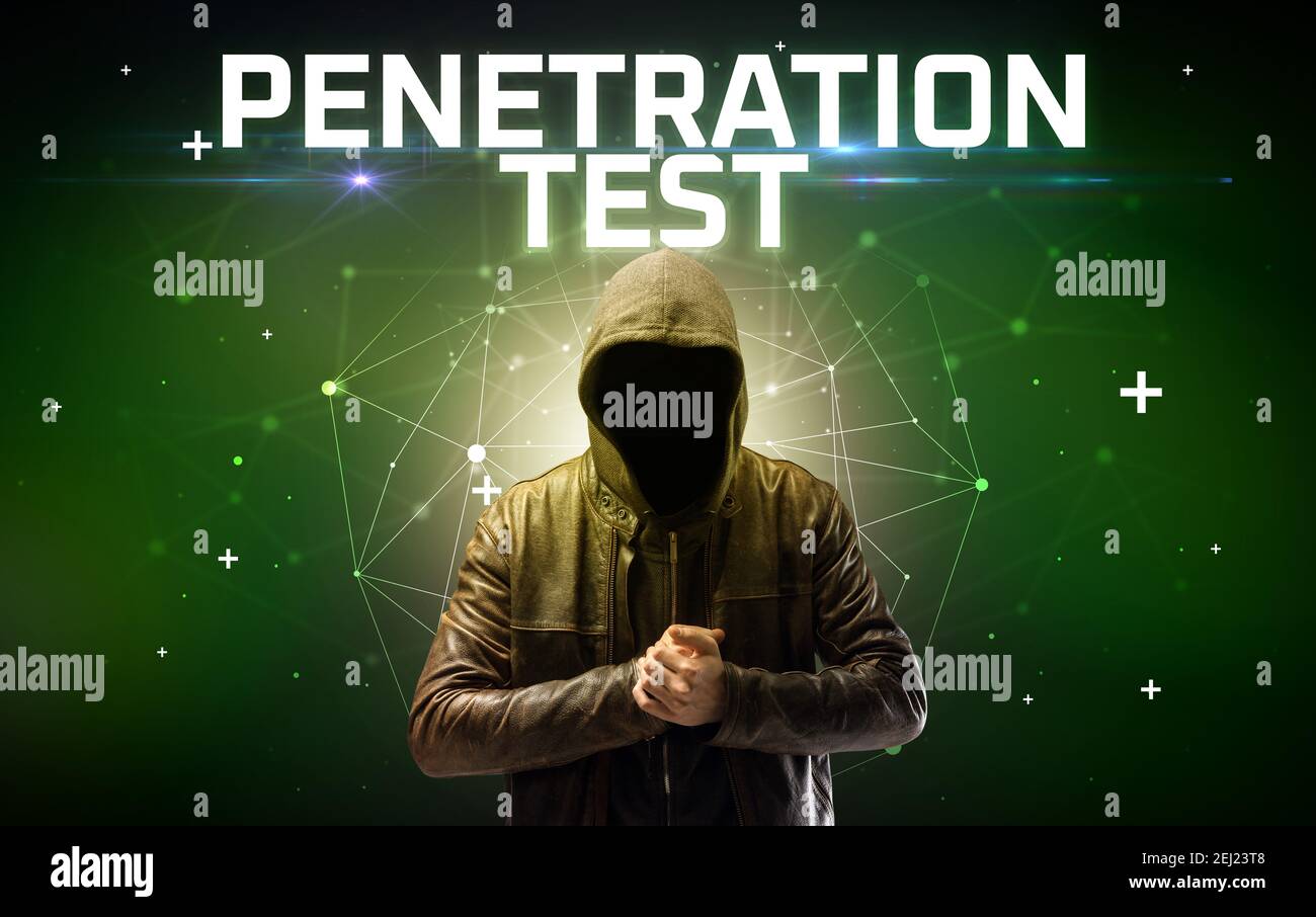 Mysterious hacker with PENETRATION TEST inscription, online attack ...