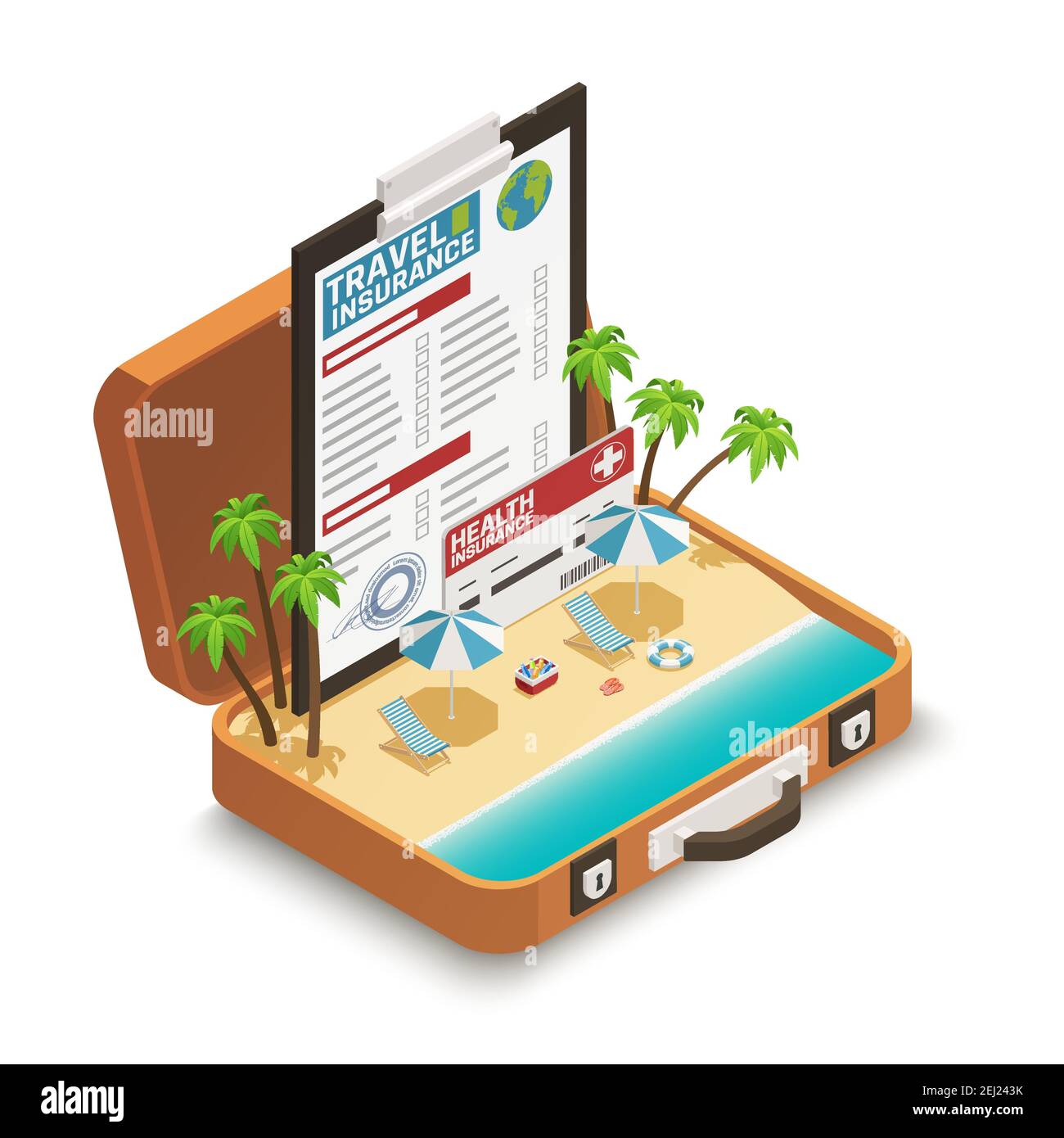 Travel insurance policy certificate advertisement isometric composition ...
