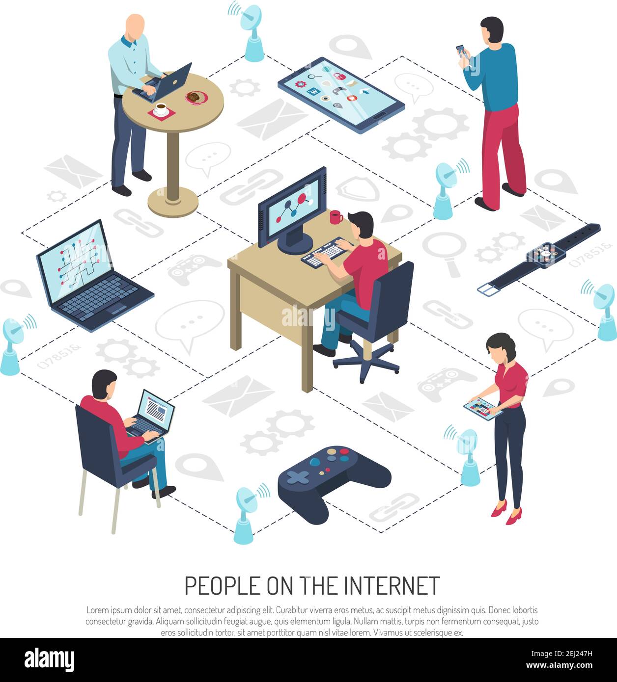 People with electronic devices on internet, satellite dishes with wifi ...