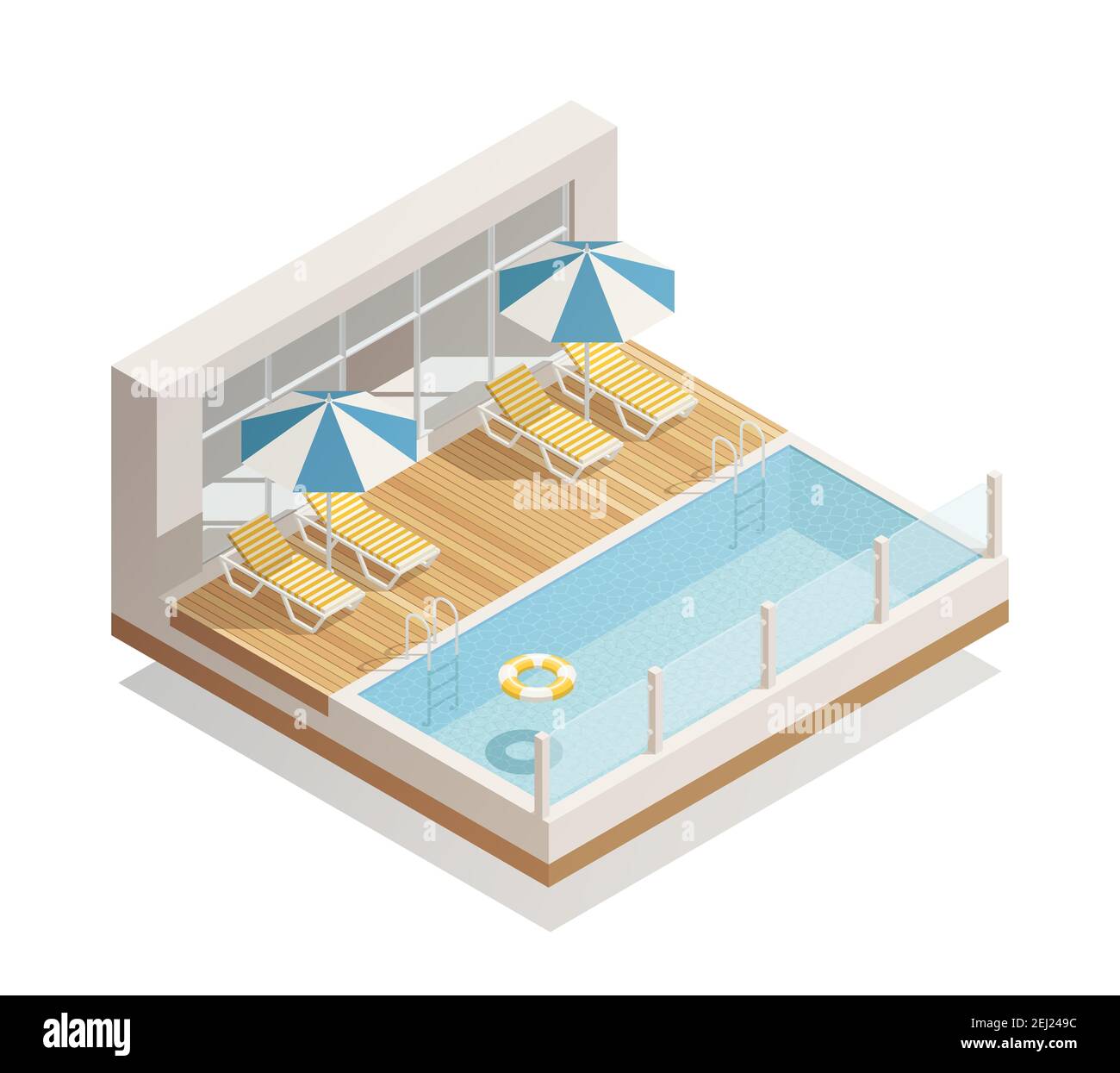 Outdoor swimming pool in recreation facility with parasol umbrellas beach lounge chairs and ...