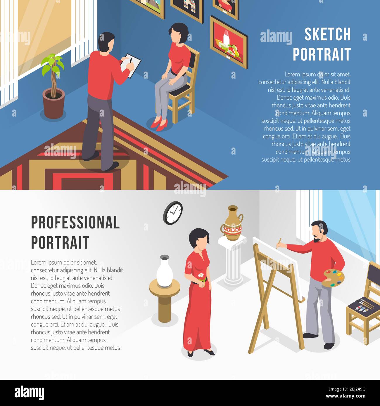 Horizontal isometric banners with artist drawing professional portrait ...