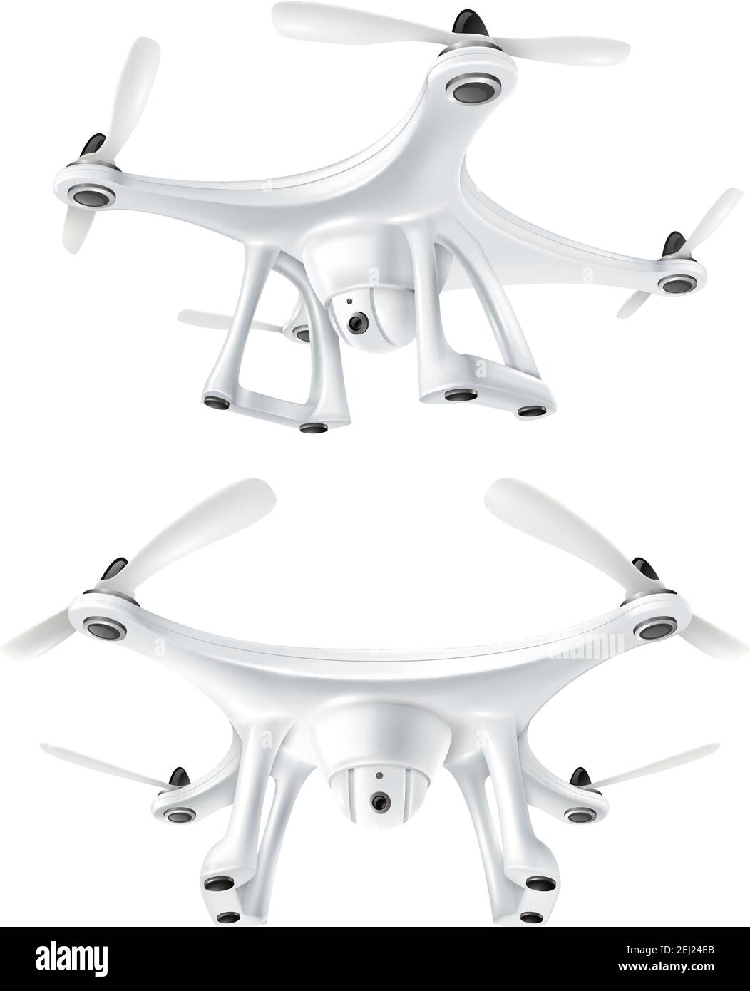 Realistic Set Of Two Modern Unmanned Flying Drones With Camera Isolated