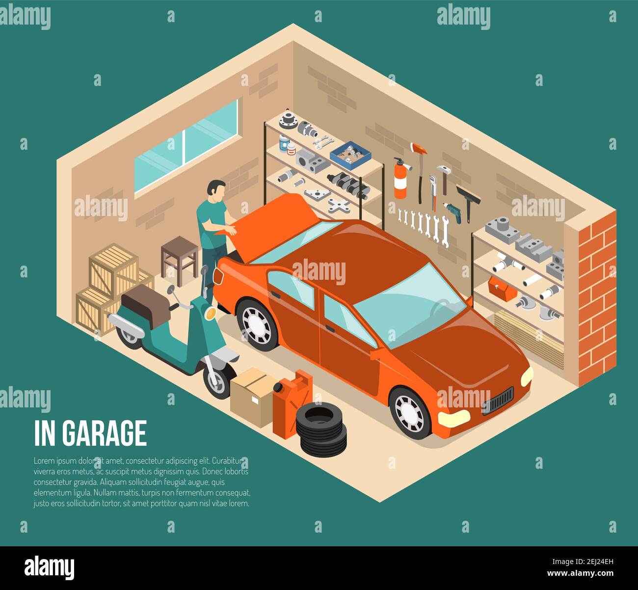 Garage inside on green background with man near car, shelves with tools ...