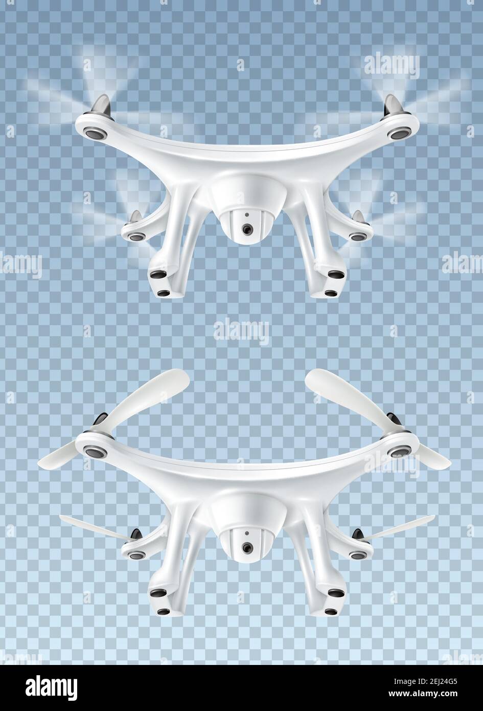 Two realistic modern flying drones isolated on transparent background ...