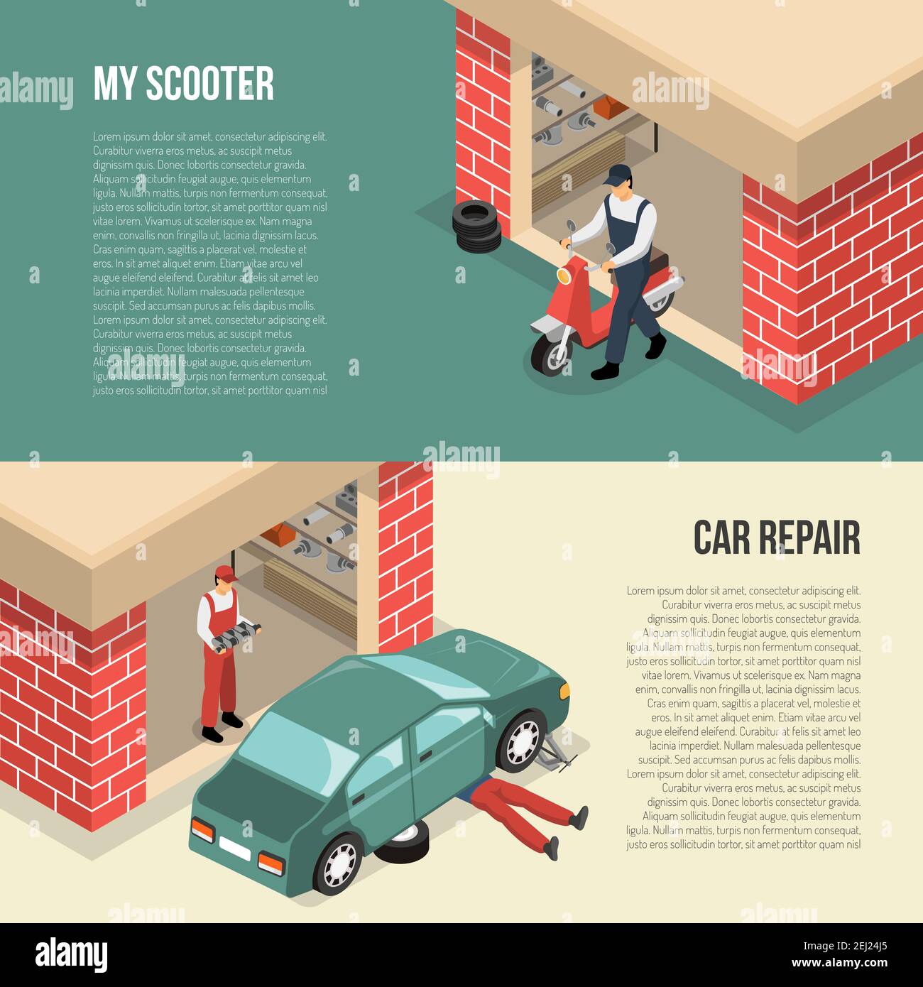 Garage horizontal isometric banners including person with scooter and ...