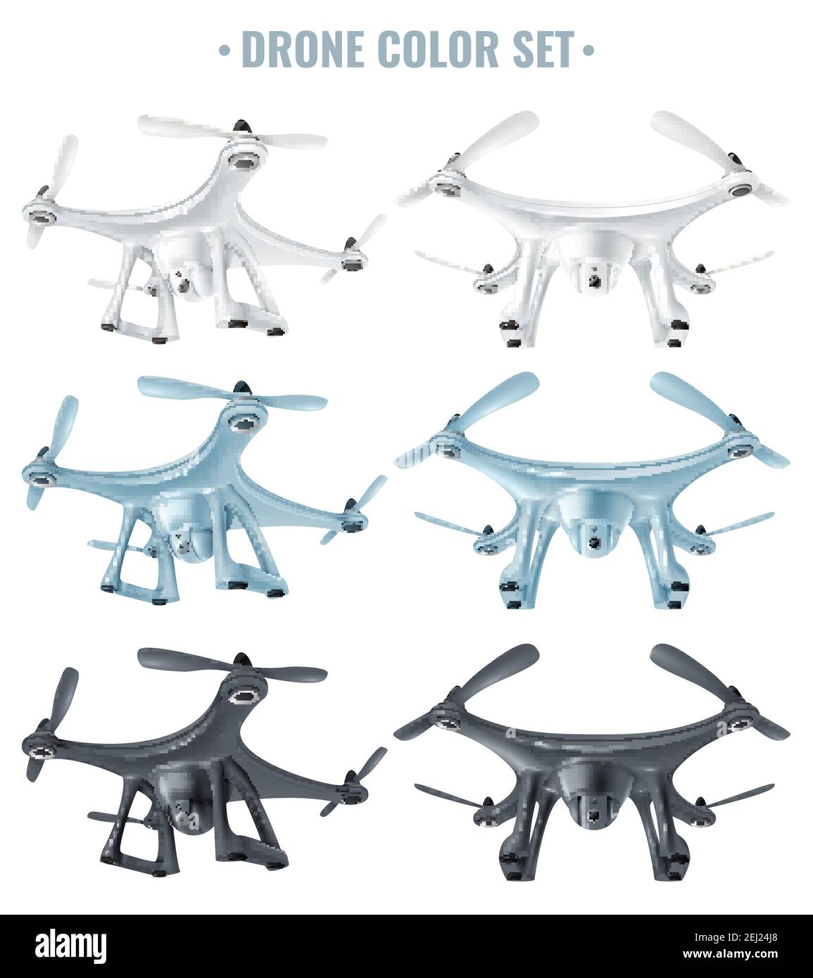 Realistic flying unmanned drones of different color with digital ...