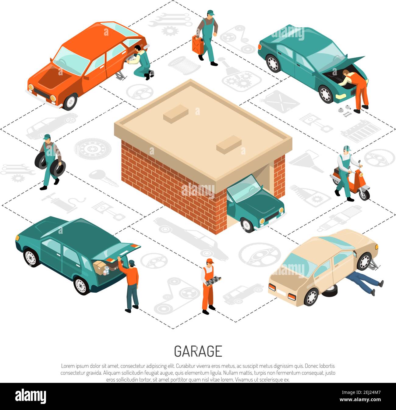 Garage and vehicles isometric composition with car repair, man with ...