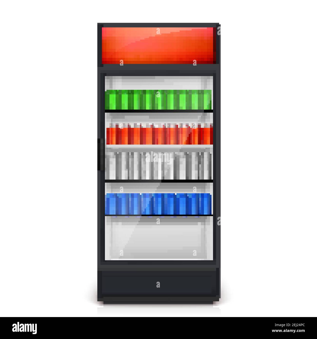 Vending machine isolated on white background. Colorful cans of drinks are on the shelves of the ...