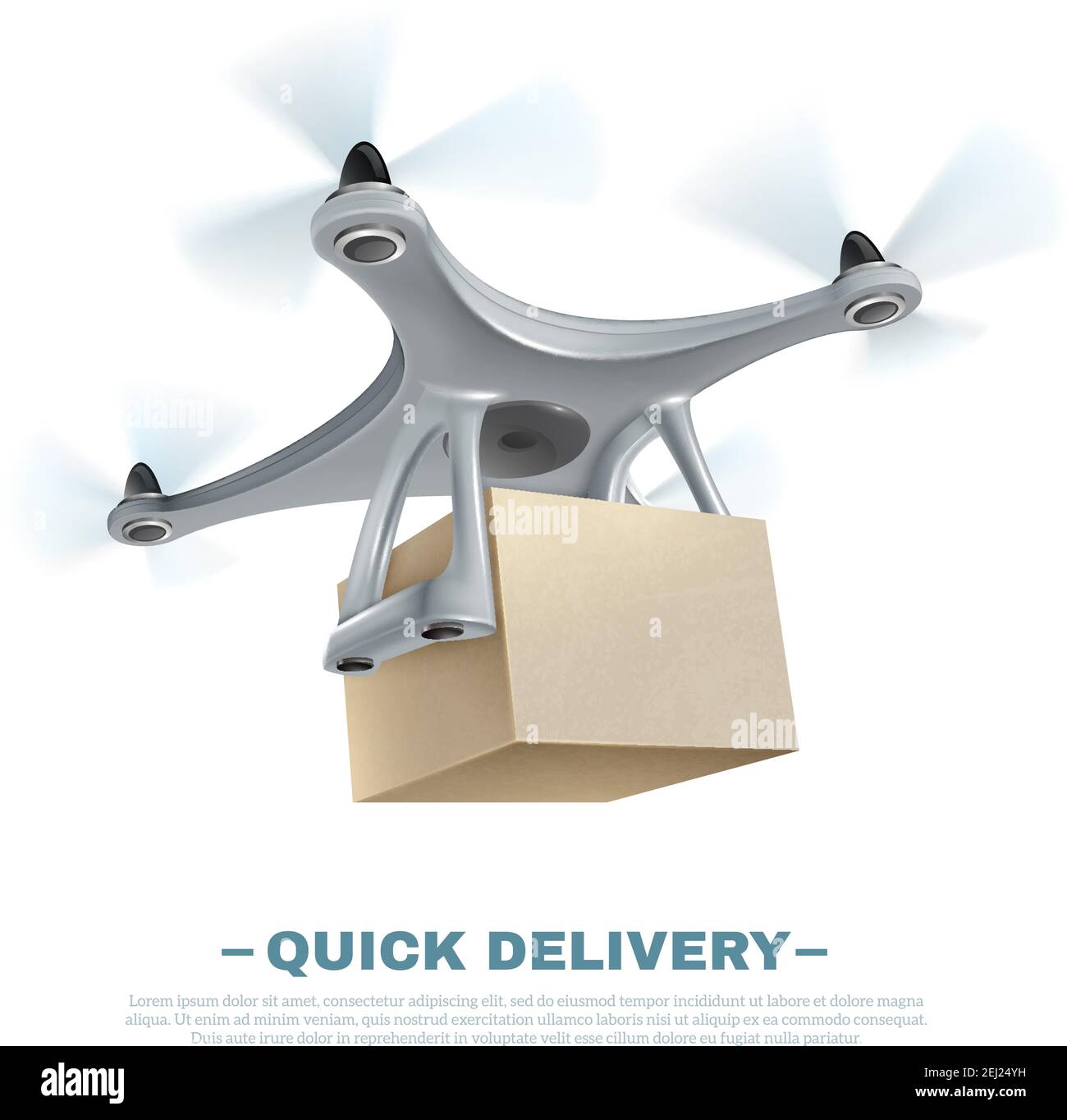 Realistic quick delivery drone quadcopter shipping box on white ...