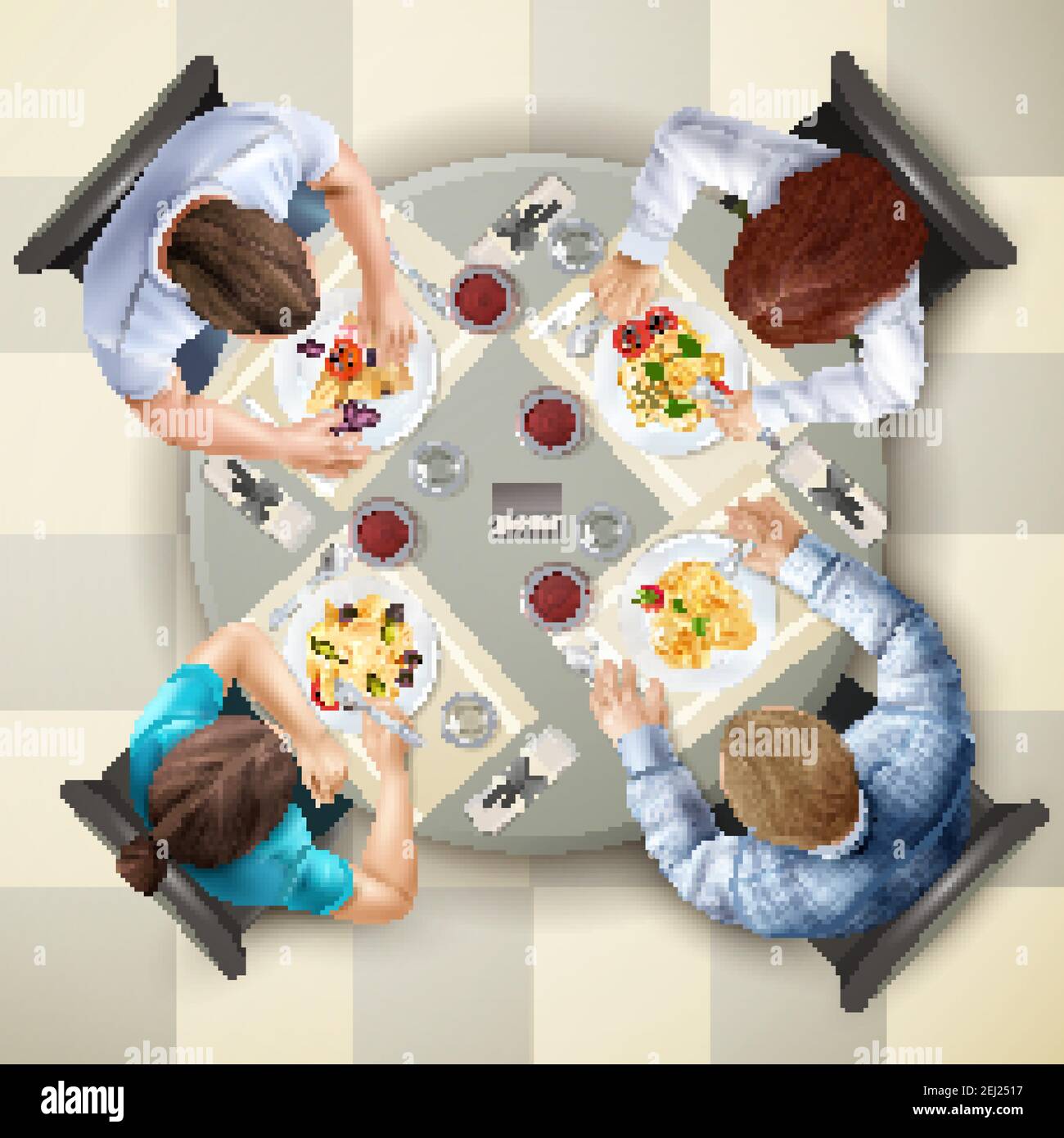 Four characters eating italian dishes at table top view realistic ...