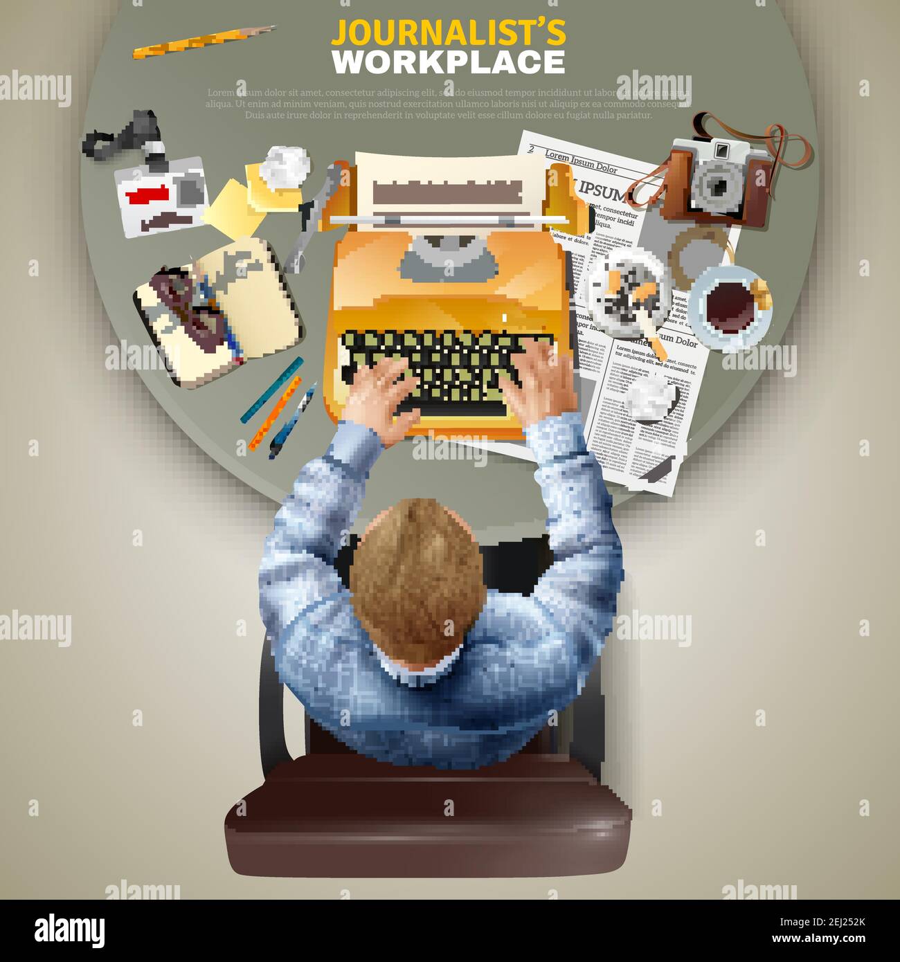 Male journalist at his workplace top view realistic vector illustration ...