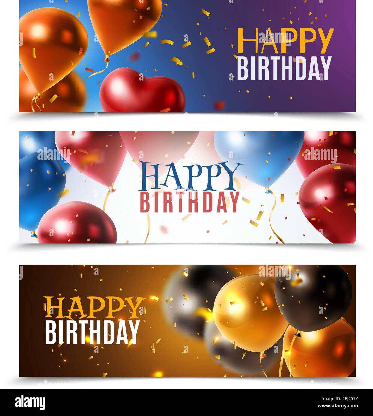 Happy birthday horizontal banners set with colorful glossy festive ...