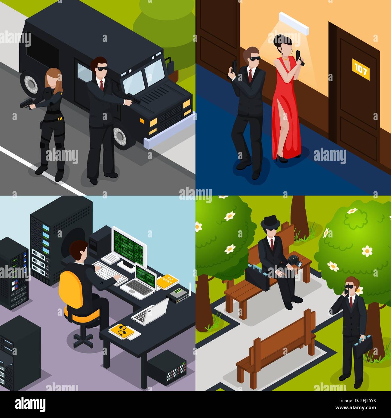 Special agent isometric concept with action in hotel, safeguard, spy on ...