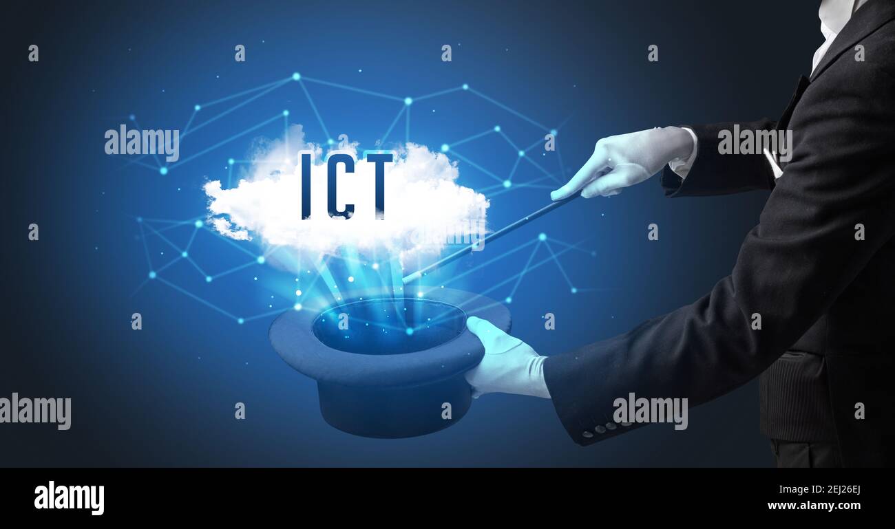 Magician is showing magic trick with ICT abbreviation, modern tech ...