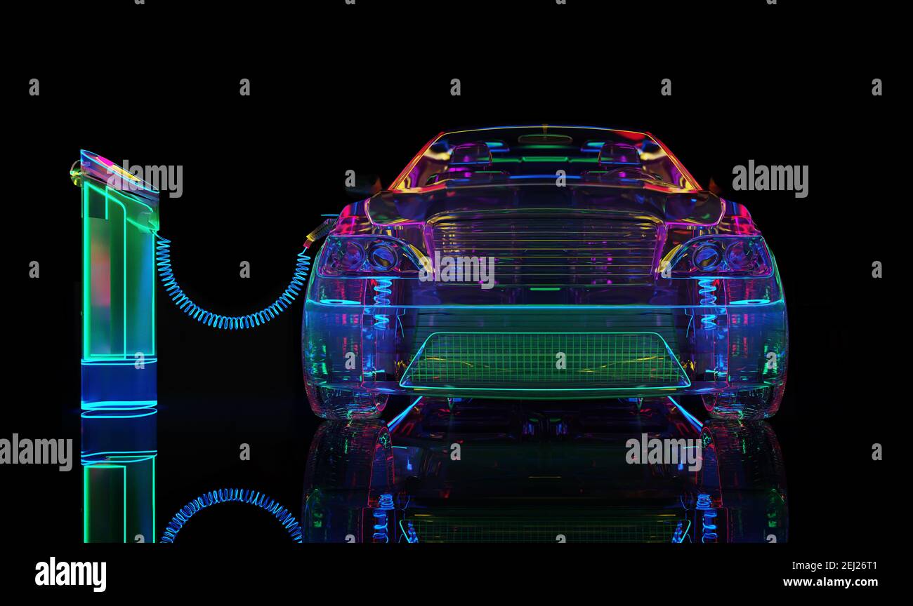 Charging modern electic car. Glass car with neon lighting Stock Photo ...