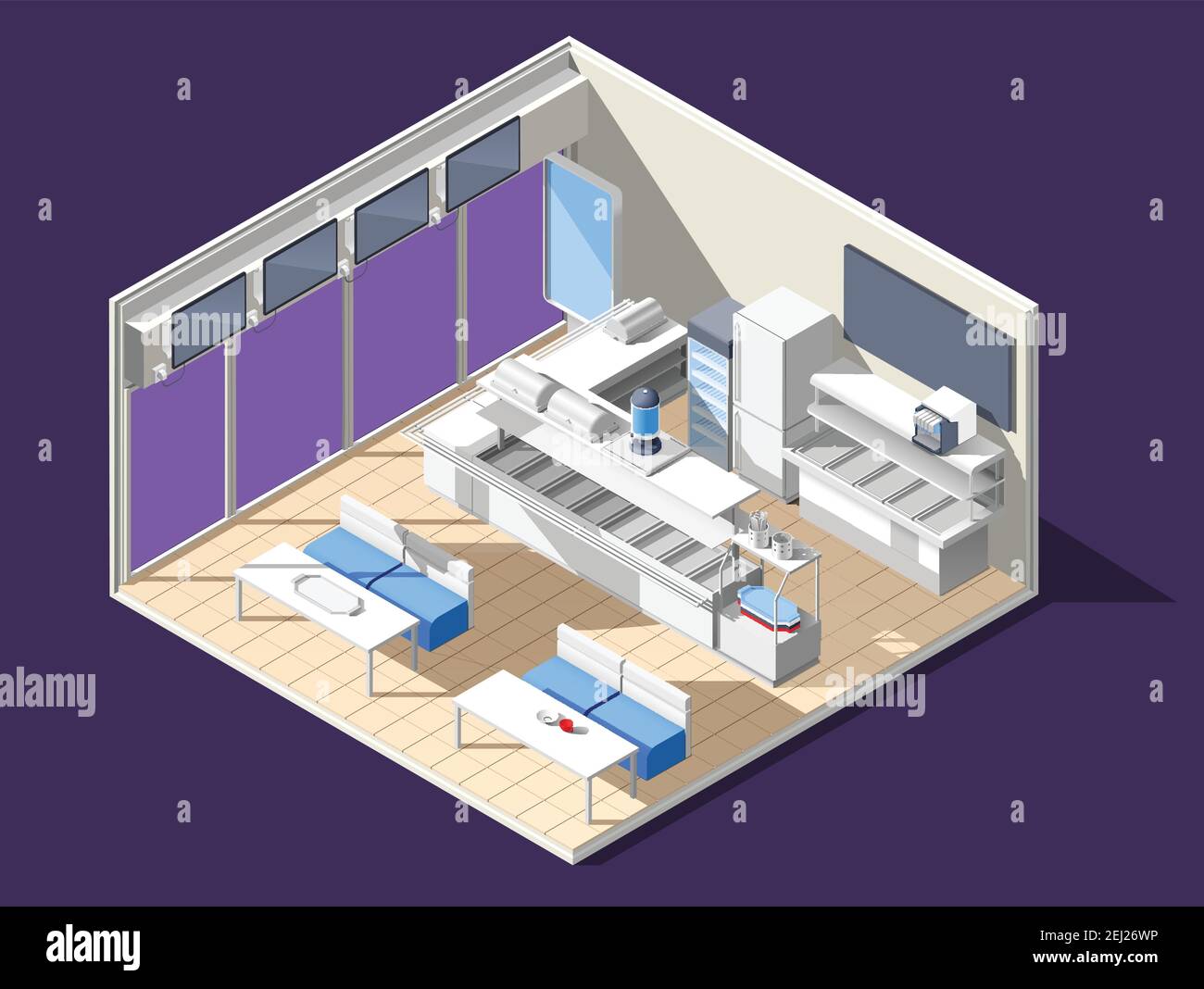Fast food self service restaurant isometric interior composition with ...