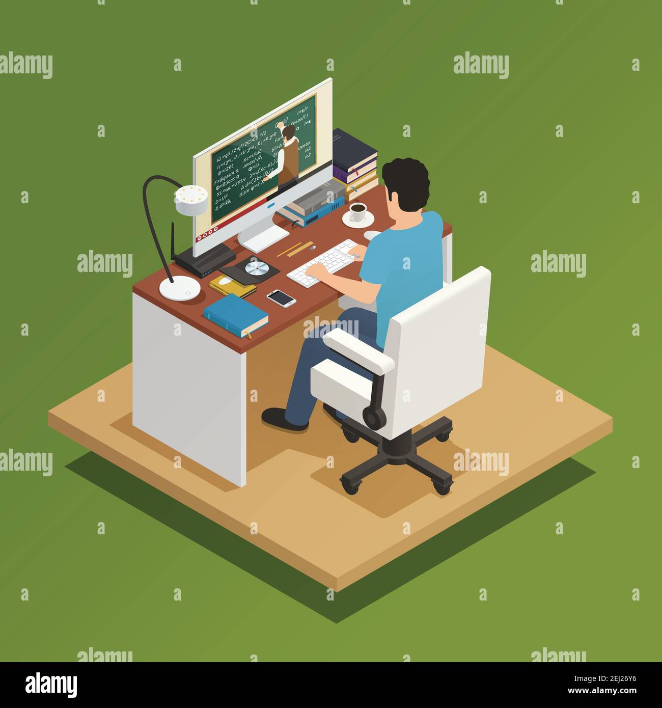 Elearning isometric composition with young man sitting home at computer ...