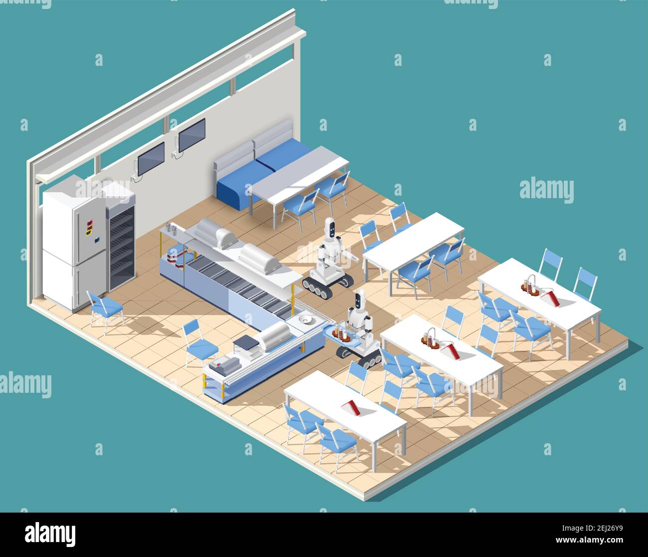 Fast food service restaurant isometric interior with tables chairs and ...