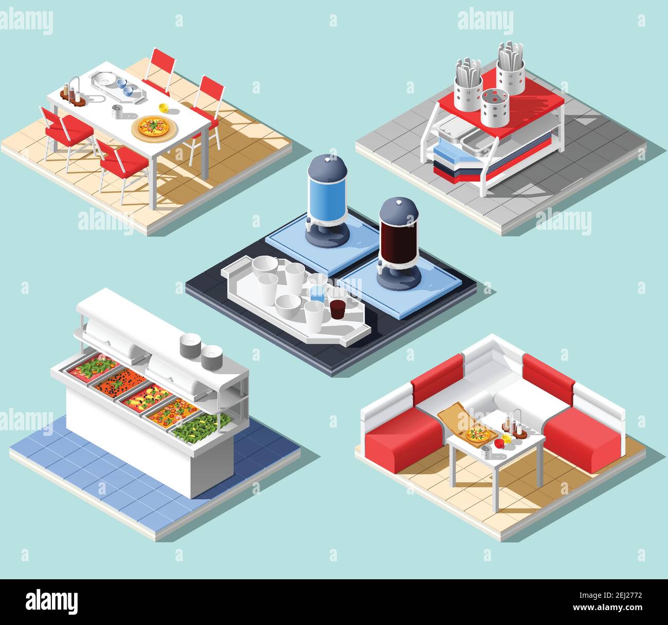 Fast food self service restaurant isometric interior composition with ...