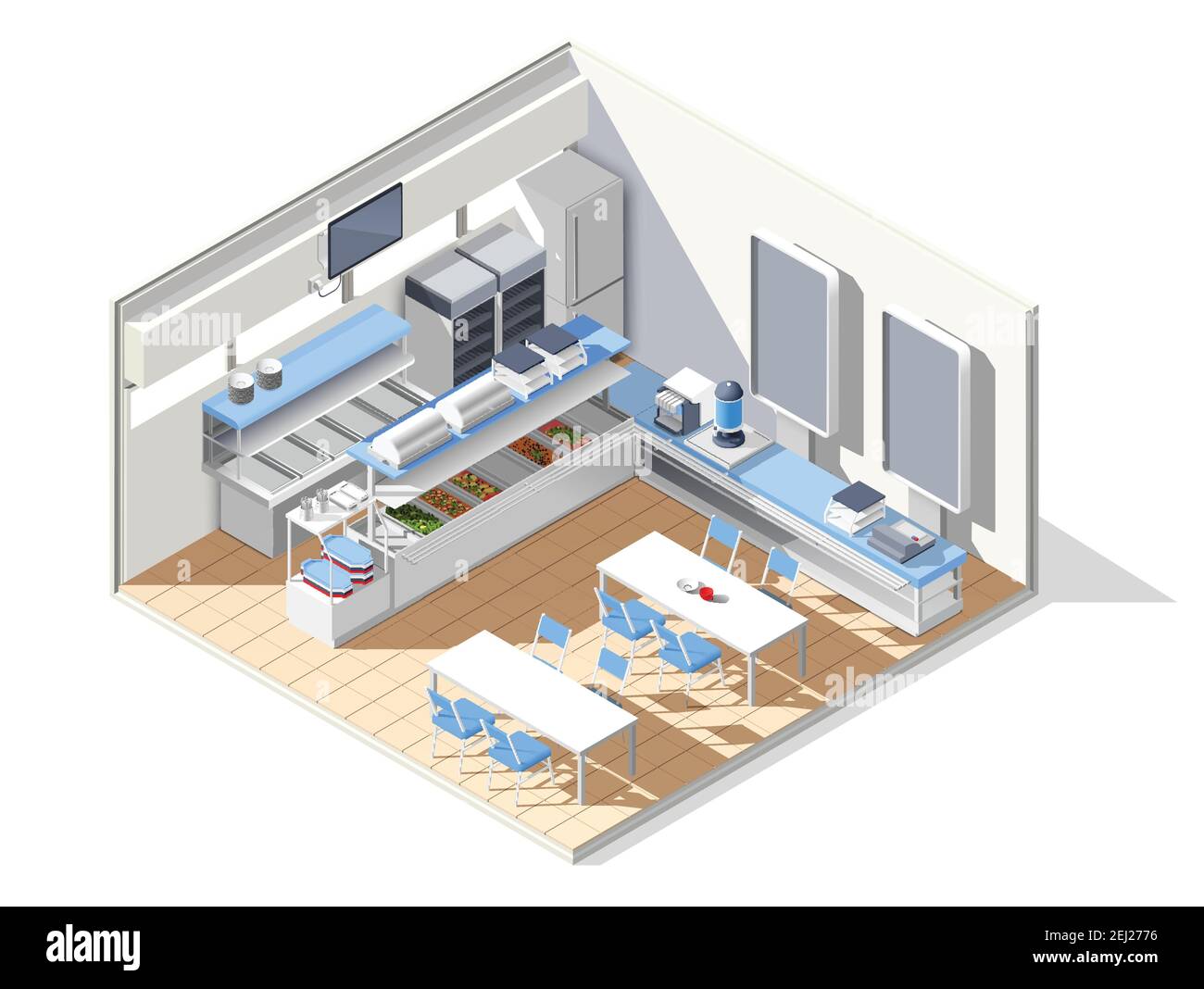 Fast food self service restaurant isometric interior composition with ...