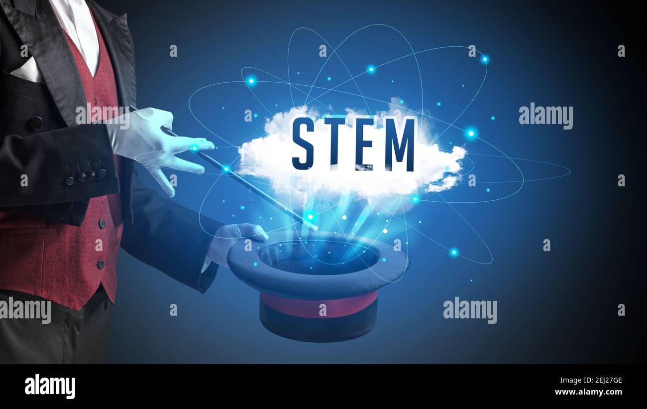 Magician is showing magic trick with STEM abbreviation, modern tech ...