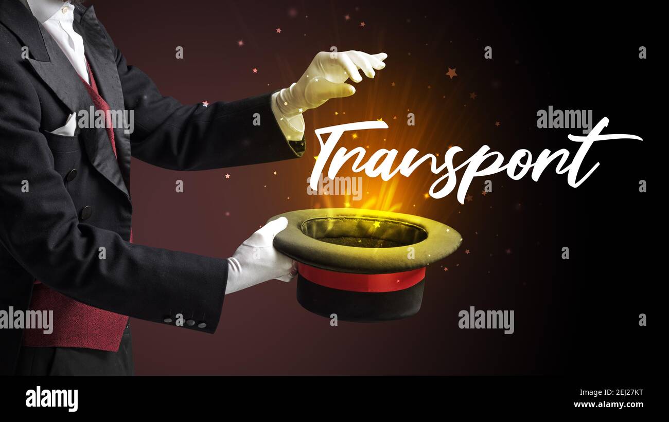 Magician is showing magic trick with Transport inscription, traveling ...