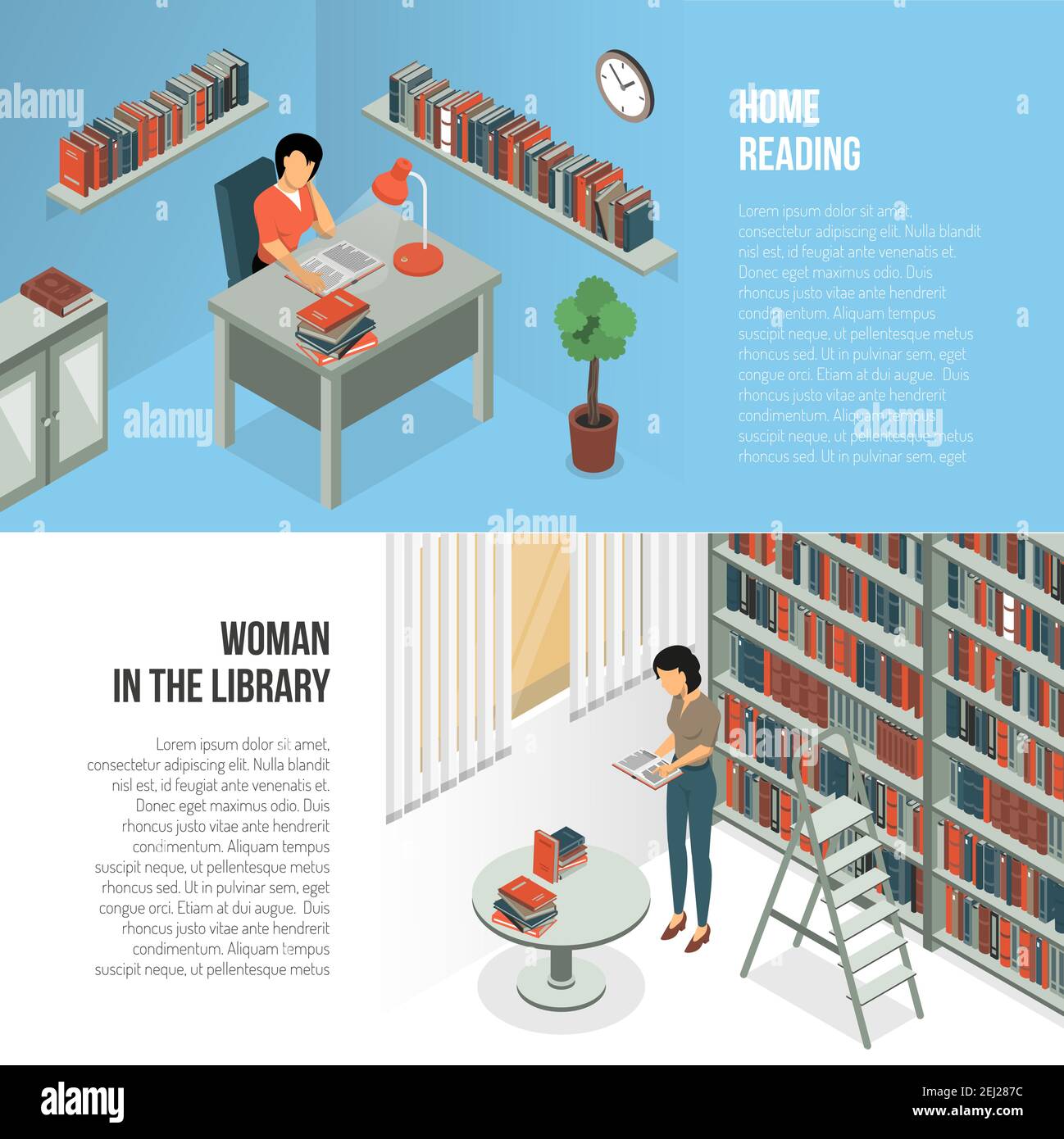 Isometric book reading horizontal banners collection with female ...