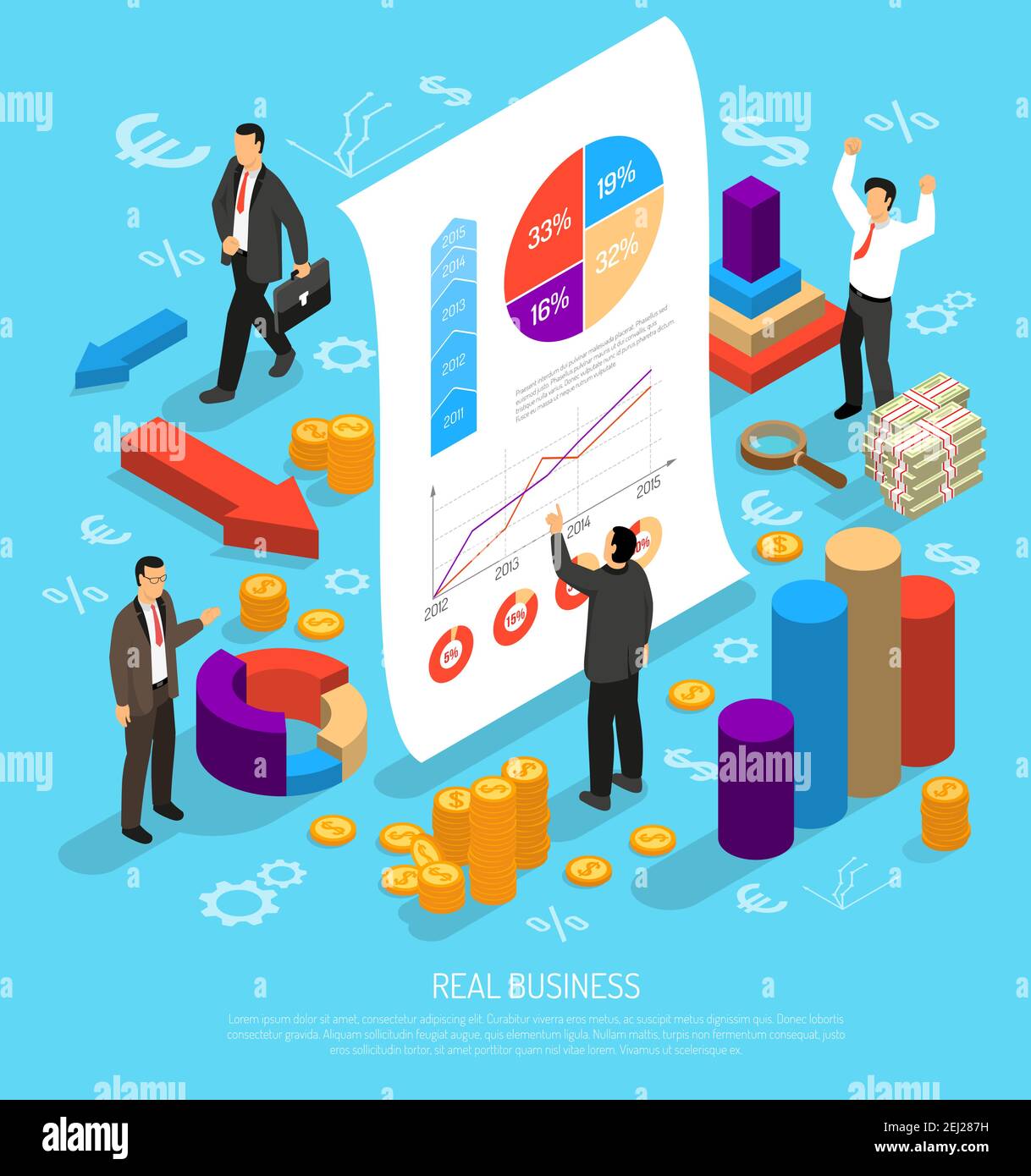 Isometric diagrams infographics business illustration with human ...