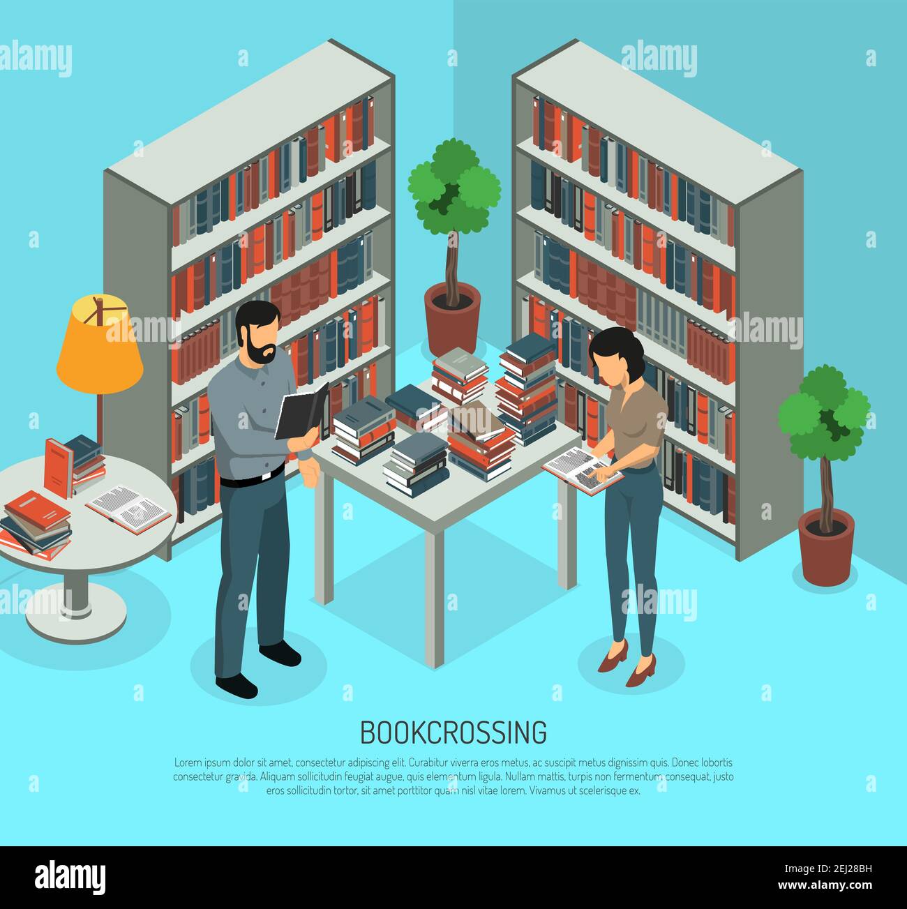 Isometric bookcrossing composition with public library interior and two ...