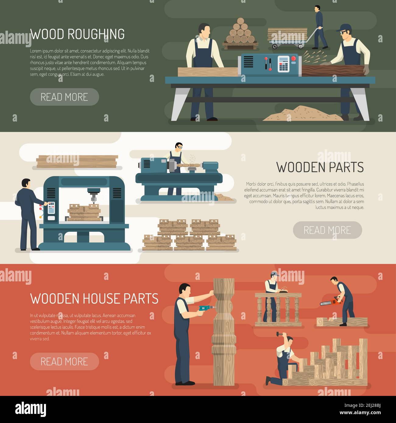 Woodworking horizontal banners set of woodworker carpenter characters ...