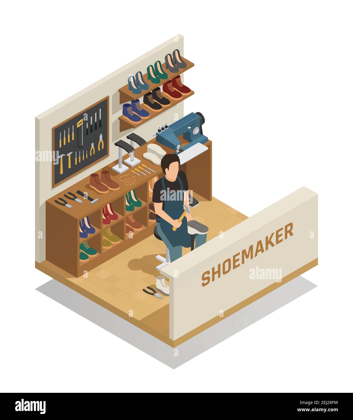 Shoe repairing service isometric composition with shoemaker at working ...