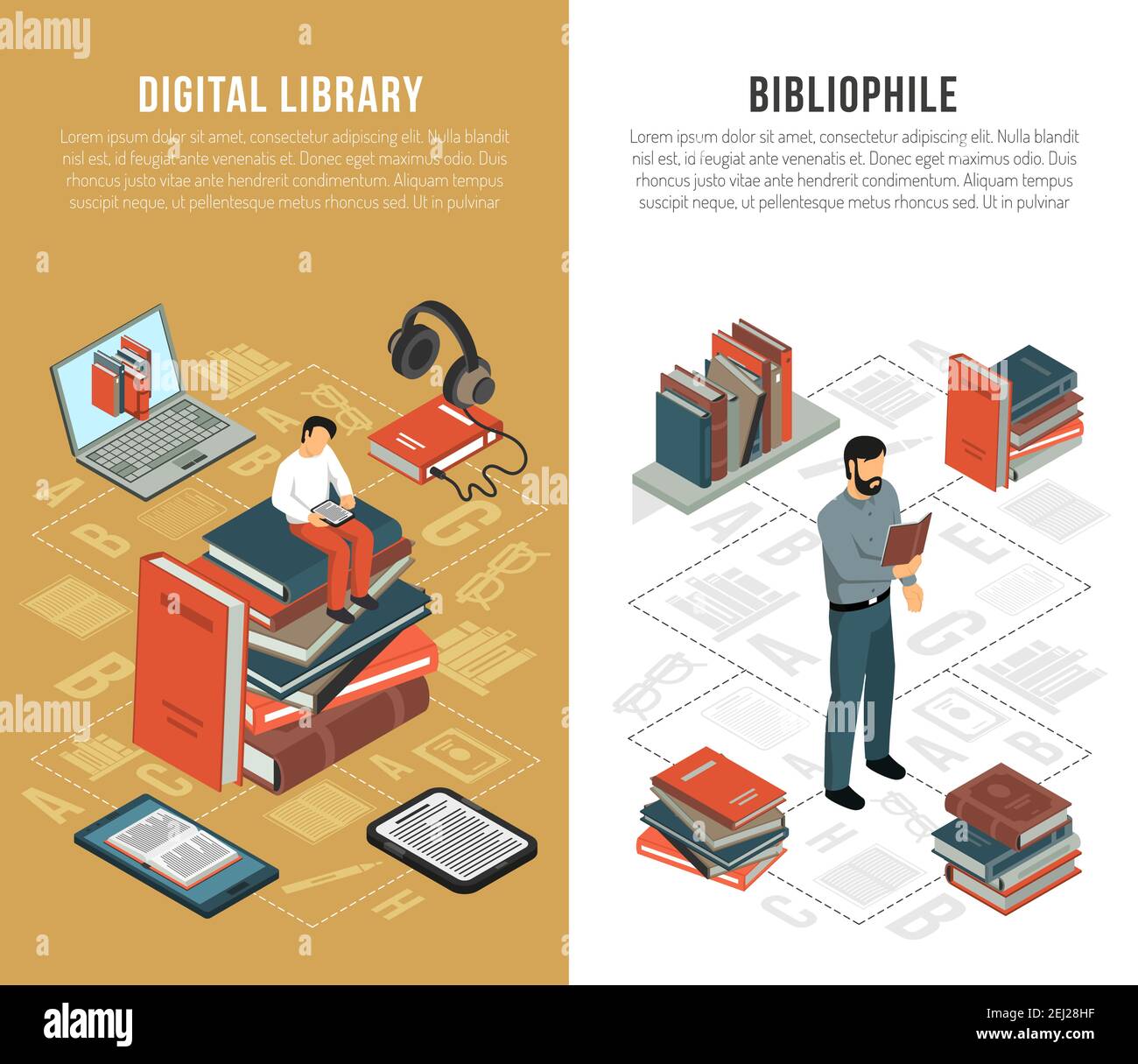 Set of two vertical isometric book reading banners with bibliophile ...