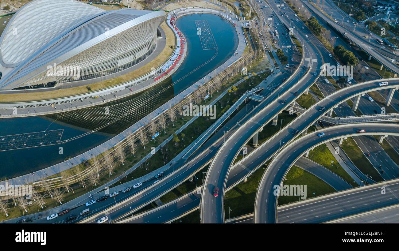 Breathtaking aerial high angle view of developed Chinese city. Multi ...