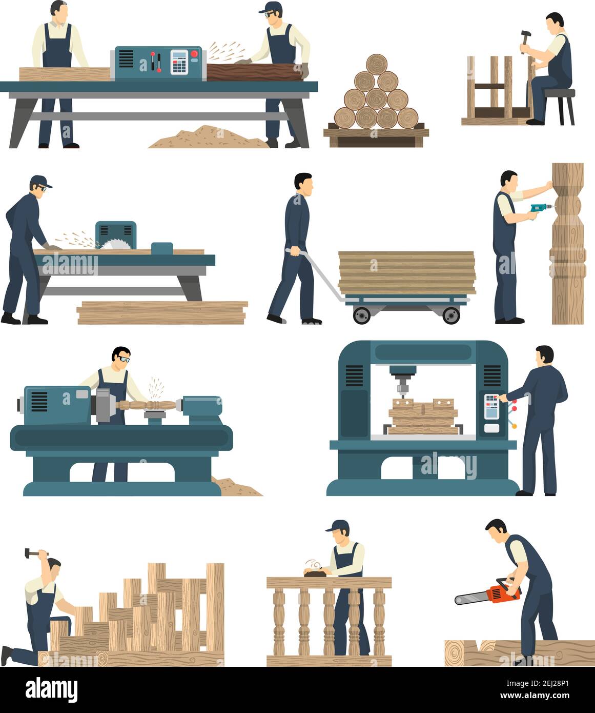 Carpentry factory set of isolated image compositions with woodworking ...