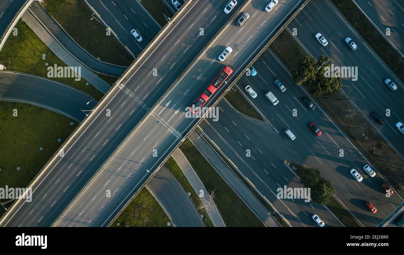 Top up aerial drone view of elevated road and traffic junctions in ...