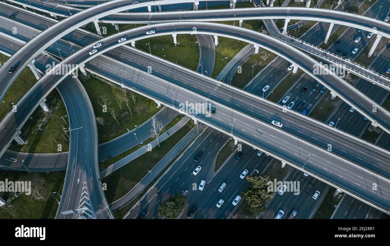 Top up aerial drone view of elevated road and traffic junctions in ...