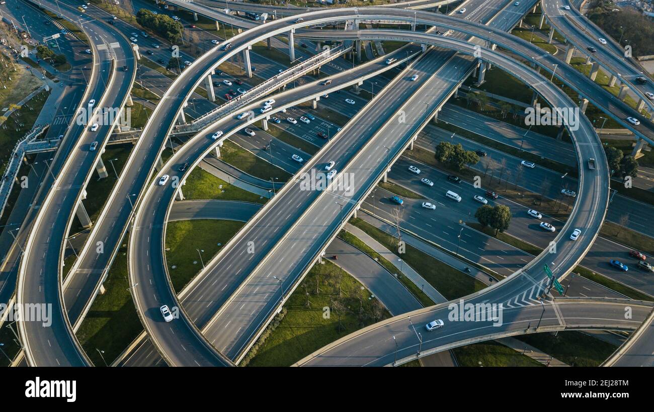 Top up aerial drone view of elevated road and traffic junctions in ...