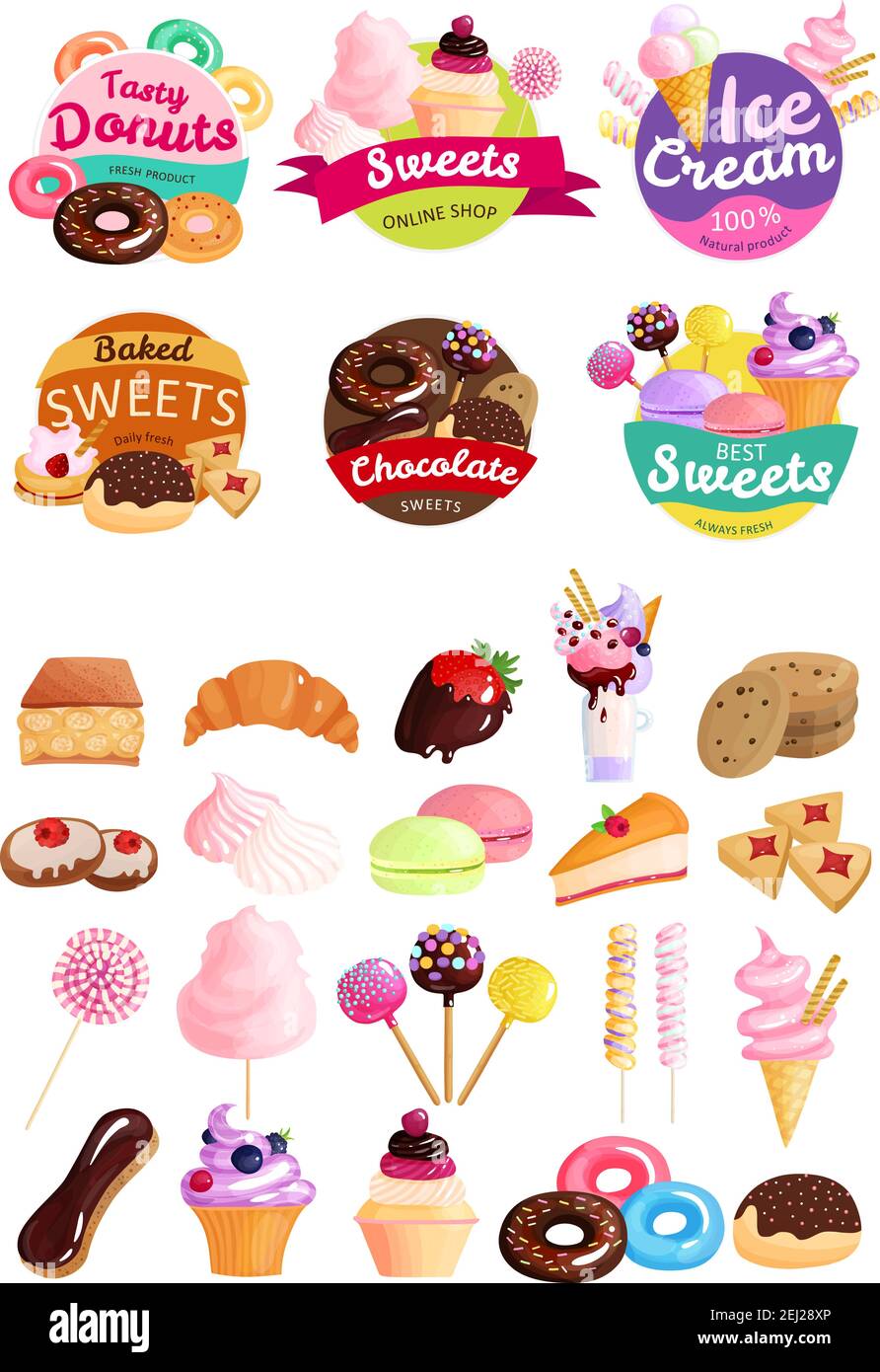 Isolated trendy sweets stickers icon set with tasty donuts sweets ice ...