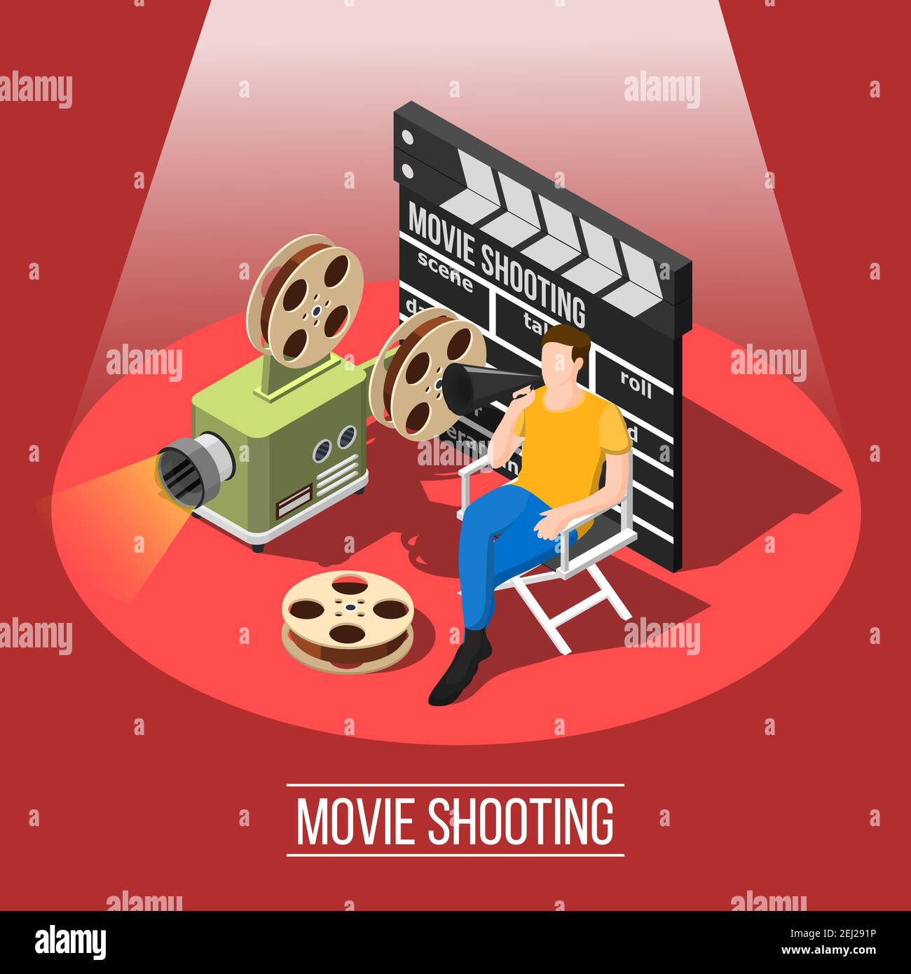 Isometric movie shooting composition of director human character ...