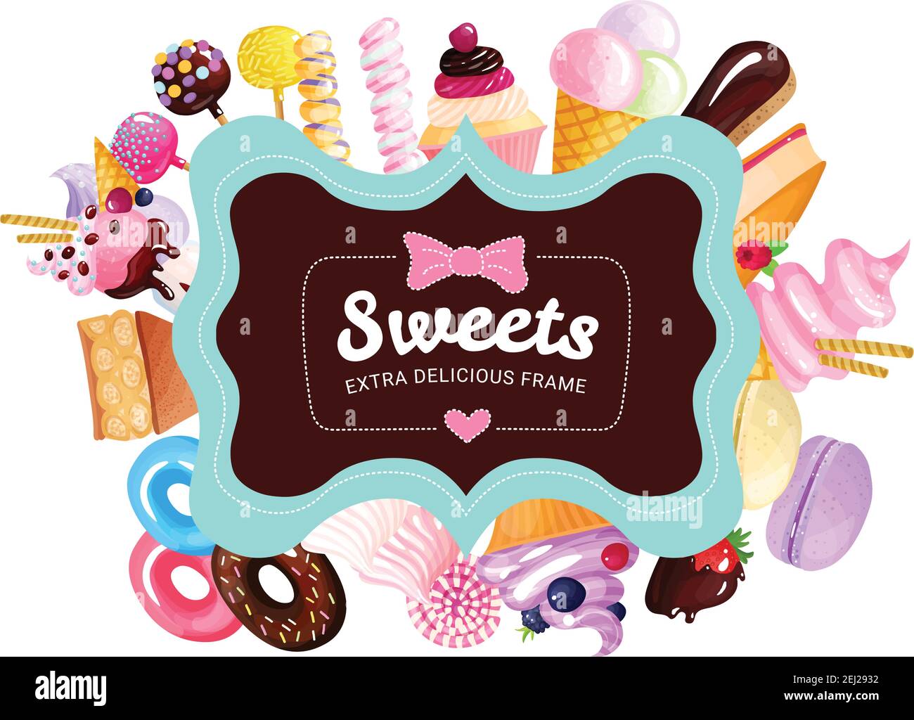 Trendy sweets frame background with different types of sweets candies ...
