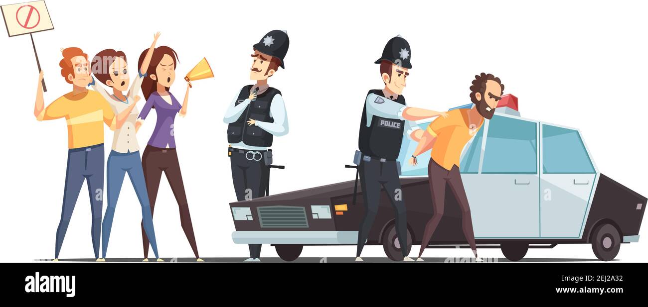 Protesting crowd and police design concept with group of emotional ...